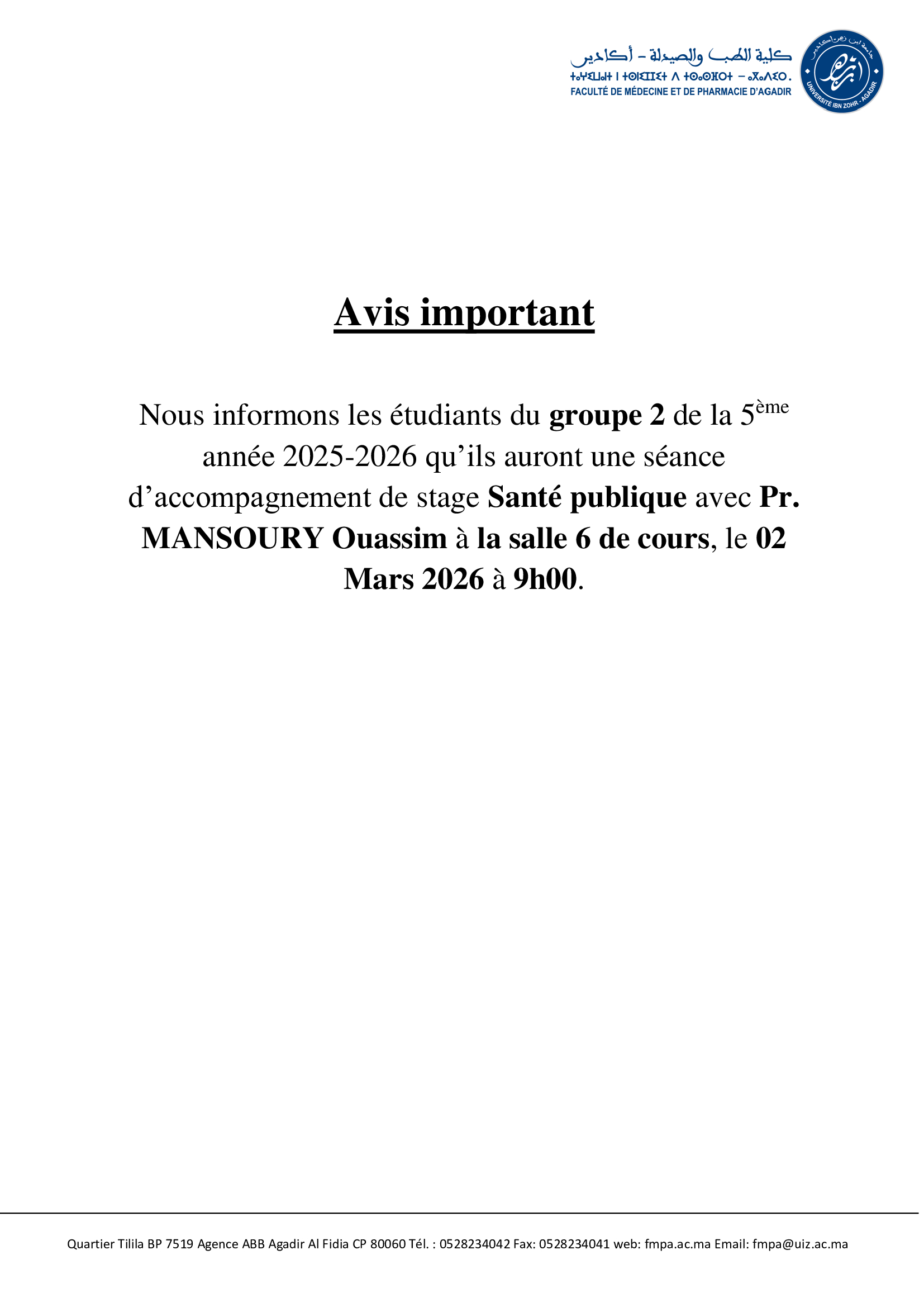 Avis important – Les étudiants de la 5ème année (Séance d ...