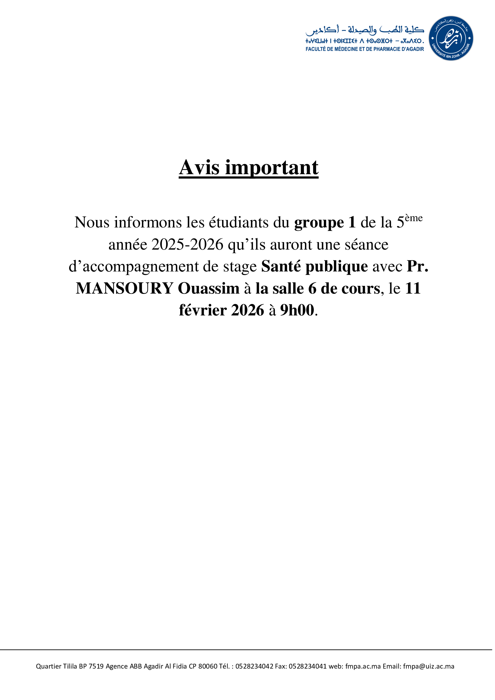 Avis important – Les étudiants de la 5ème année (Séance d ...